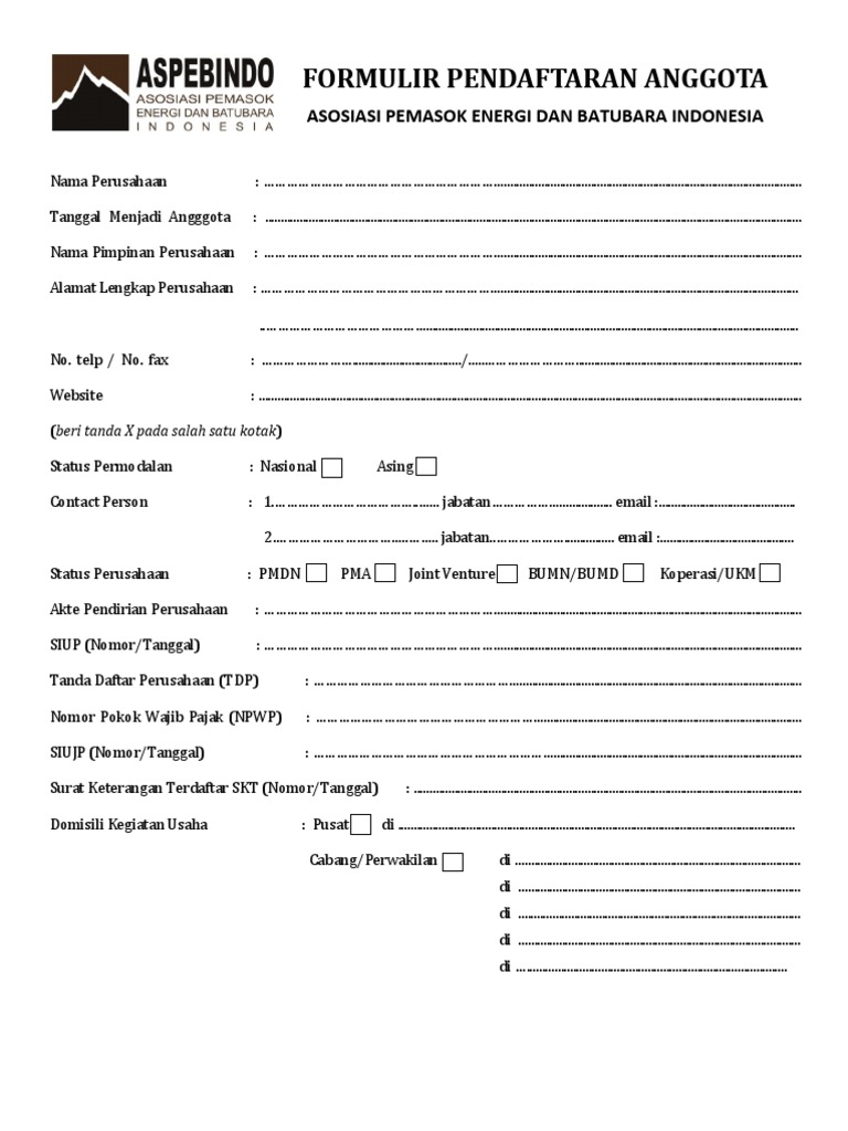 Formulir Pendaftaran Anggota: Asosiasi Pemasok Energi Dan Batubara ...