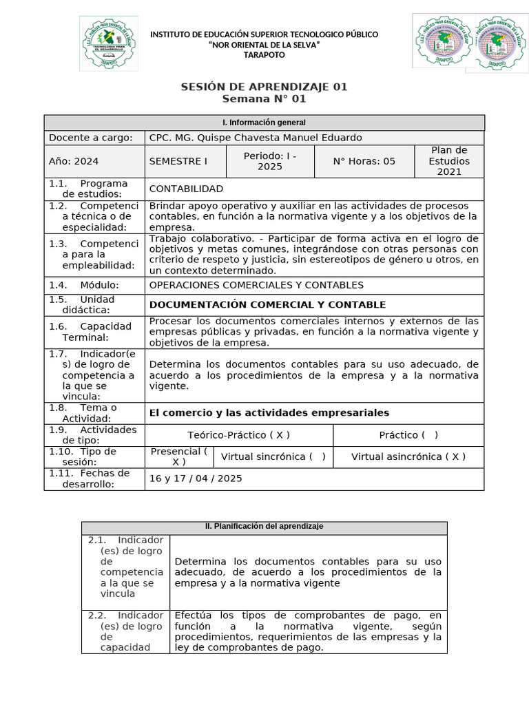Sesión 1 IC de Aprendizaje DOC. Comercial y Contable MODELO | PDF ...