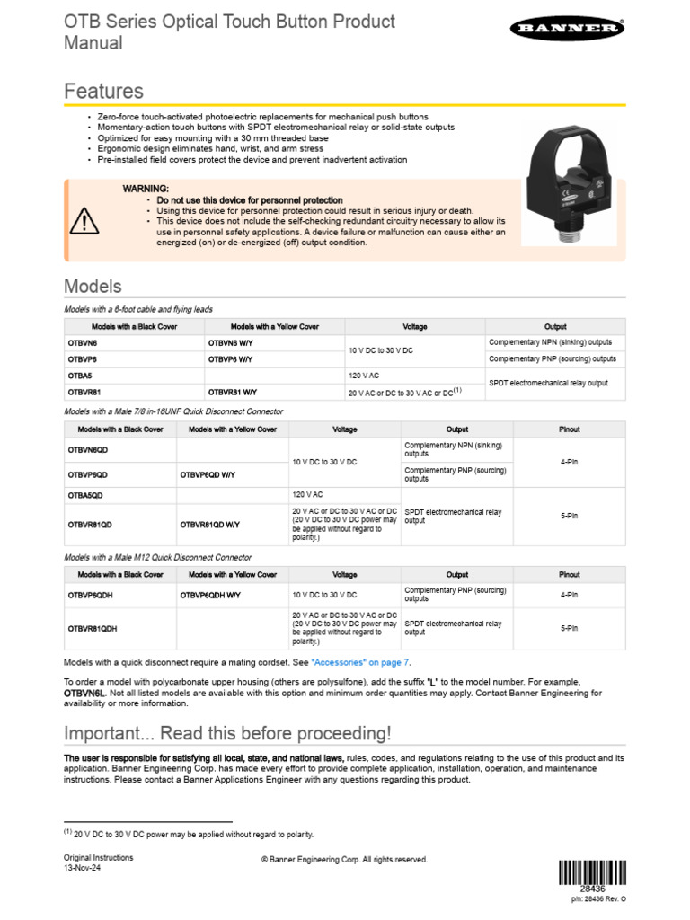 OTB Series Optical Touch Button Manual | PDF | Switch | Safety