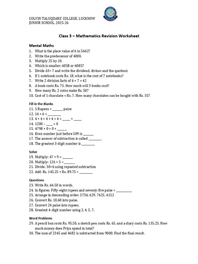 Class3 Maths Worksheet | PDF
