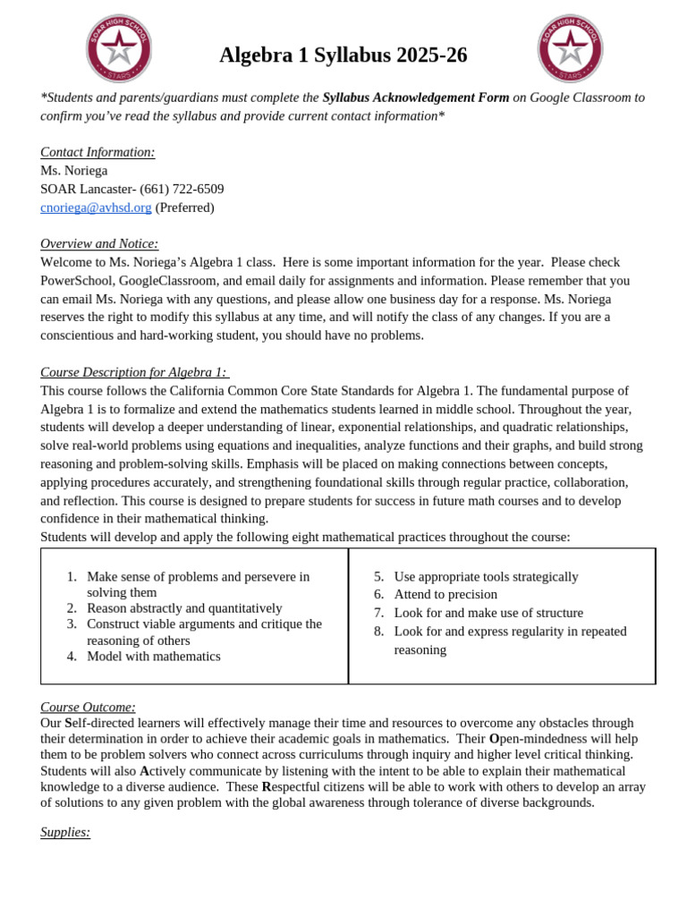 Algebra 1 Syllabus 2025-26 Overview | PDF | Algebra | Mathematics