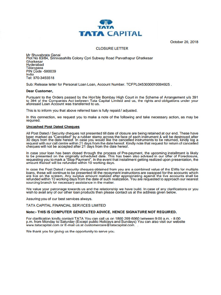 NOC TATA Capital | PDF