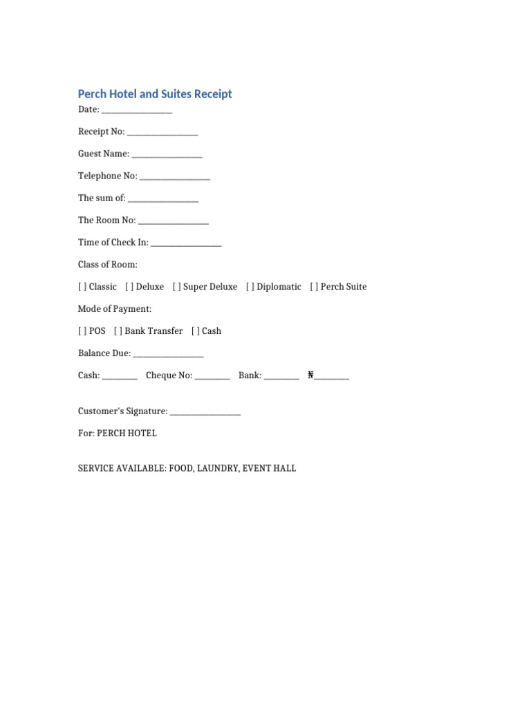 Perch Hotel Receipt Template | PDF