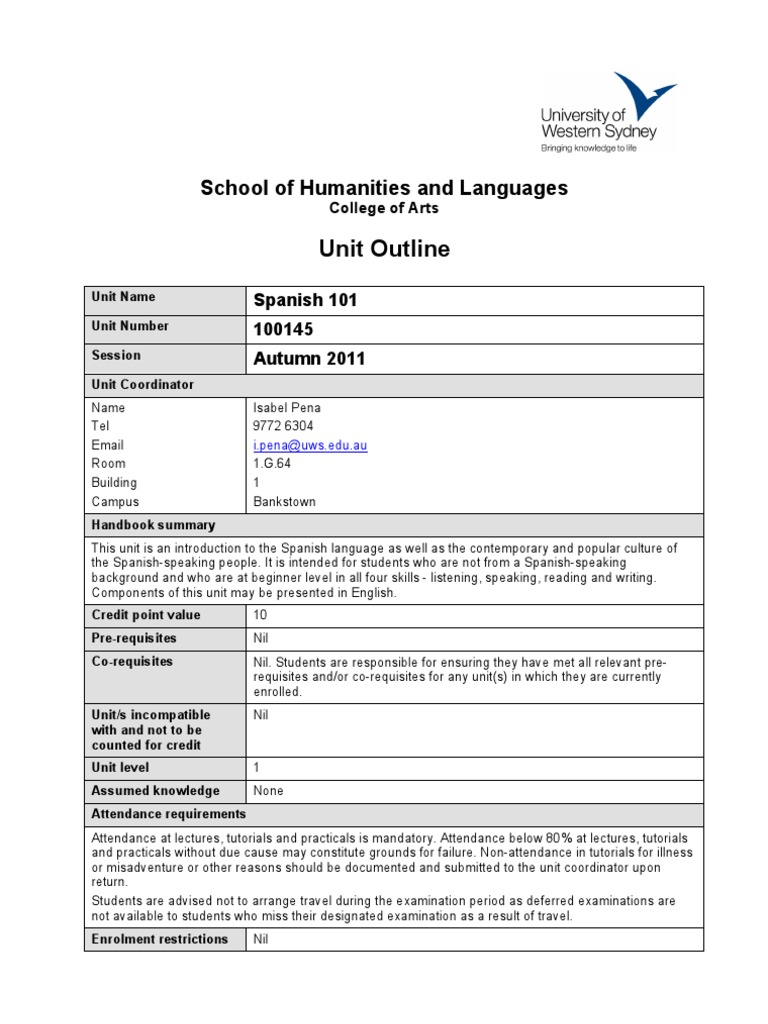 Spanish 101 Unit Outline | PDF | Turnitin | Educational Technology