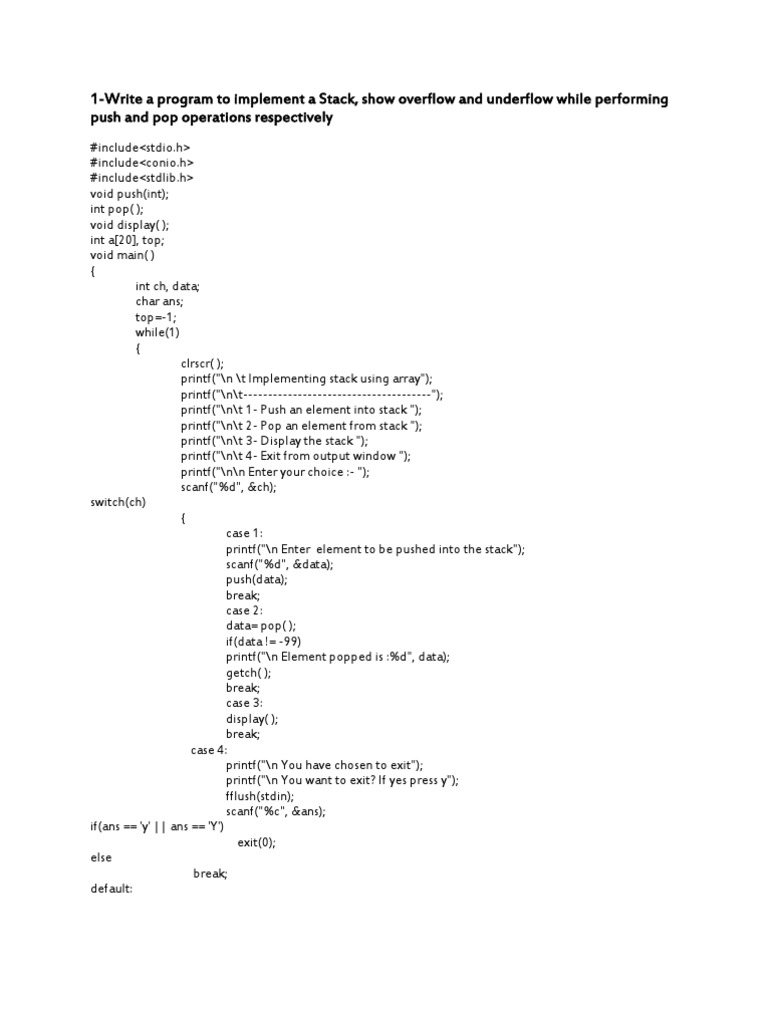 1-Write A Program To Implement A Stack, Show Overflow and Underflow ...