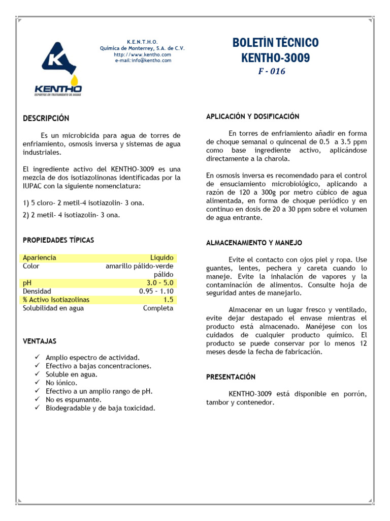 Hoja Técnica - KENTHO-3009 | PDF | Agua | Química