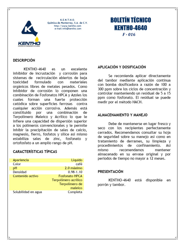 Inhibidor KENTHO-4640 para corrosión | PDF | Corrosión | Química