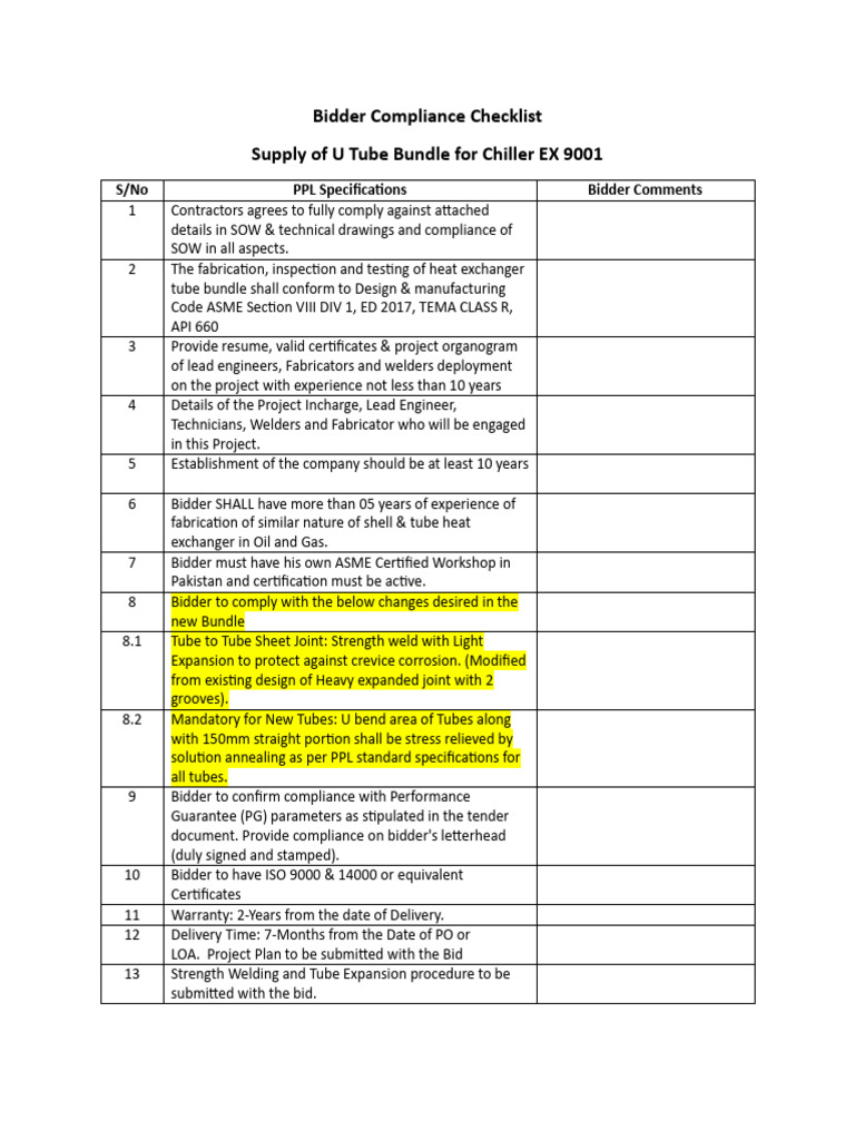 U Tube Bundle Compliance Checklist | PDF | Welding | Construction
