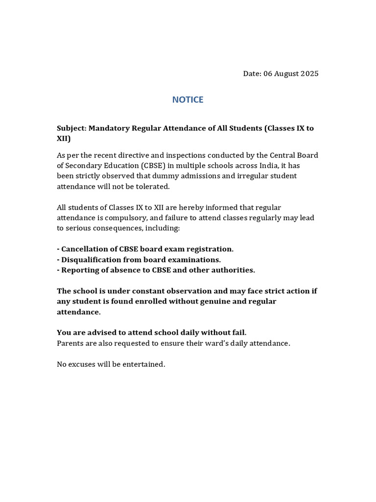 Mandatory Attendance Notice for Students | PDF