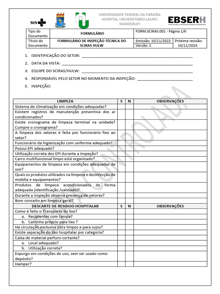 Inspeção Técnica do SCIRAS HULW | PDF | Desperdício | Esterilização ...