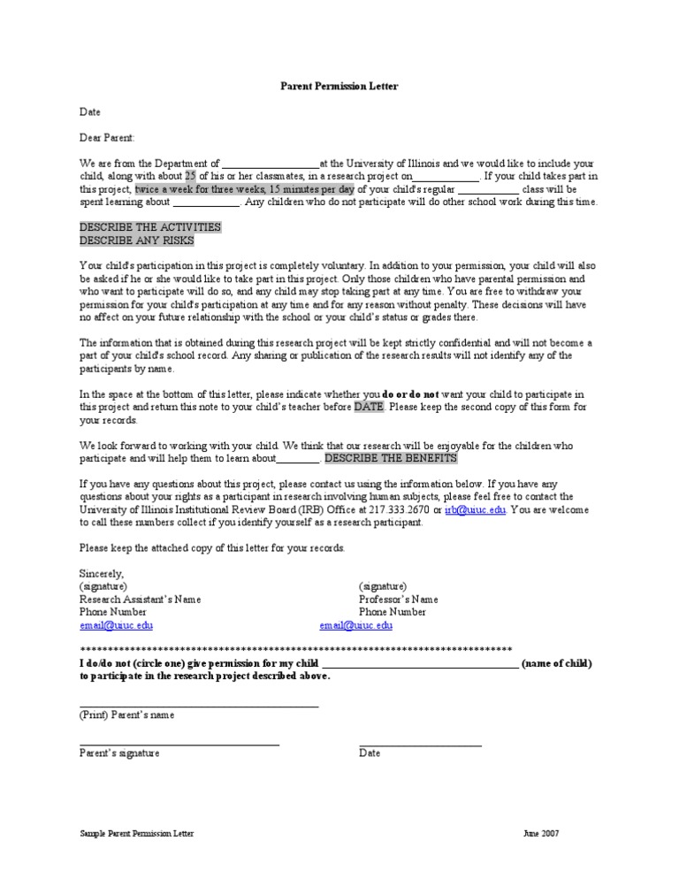 Parent Permission Letter for Research | PDF | Parent | Relationships