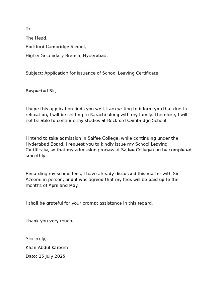 Application For Leaving Certificate by KHAN ABDUL KAREEM | PDF