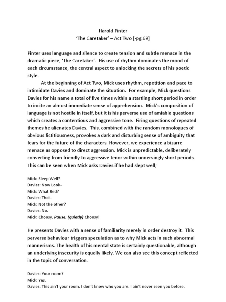 Harold Pinter - The CARETAKE Act Two Lang & Silence | PDF