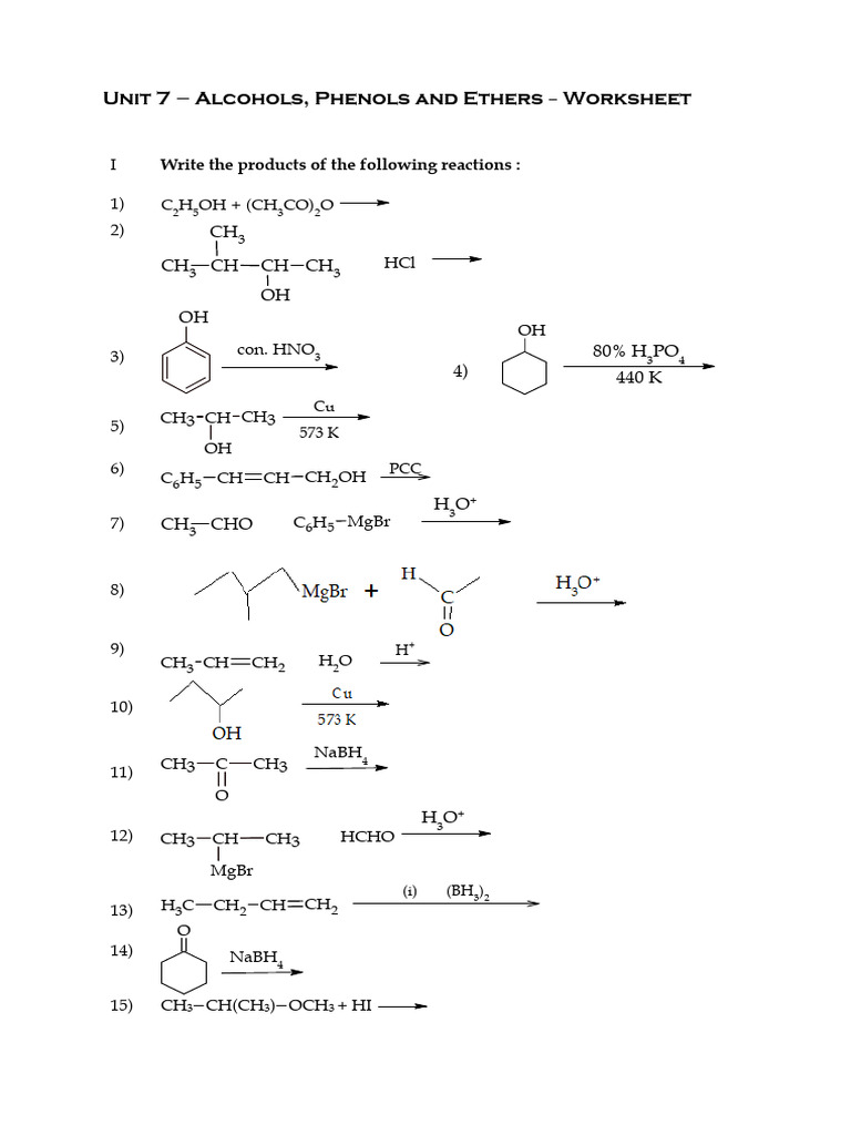 Unit 7 - Alcohols, Phenols and Ethers - Worksheet | PDF | Ether ...
