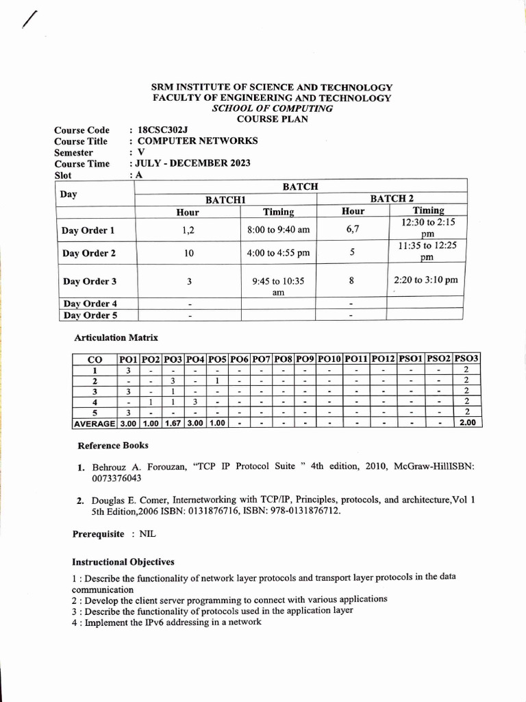 18CSC302J Computer Networks Course Plan - 231107 - 184539 | PDF ...