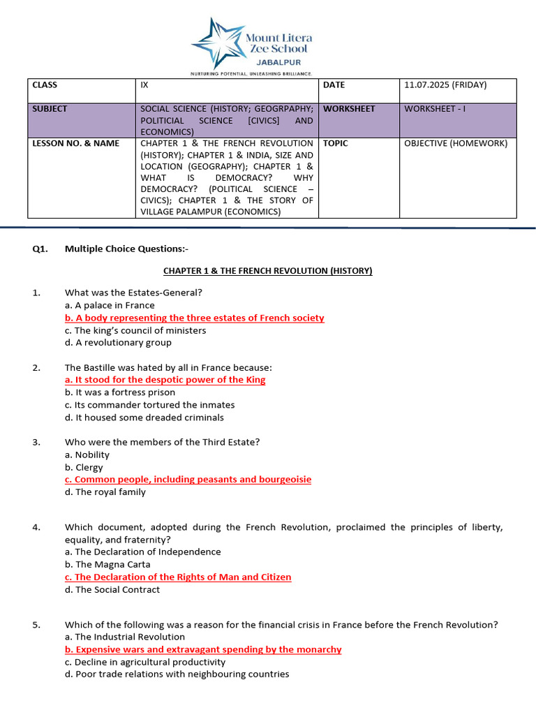 Class IX Worksheet Objective Answers PA1 11.07.2025 | PDF | French ...