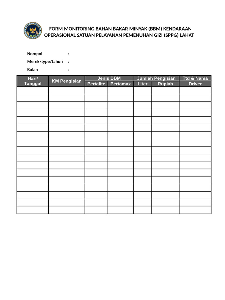 Format Laporan Pengisian BBM SPPG | PDF