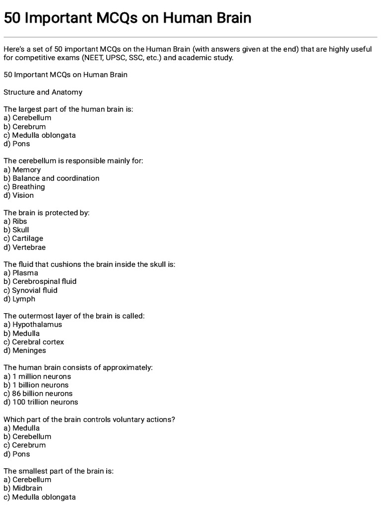 50 MCQs on Human Brain with Answers | PDF | Brain | Human Brain