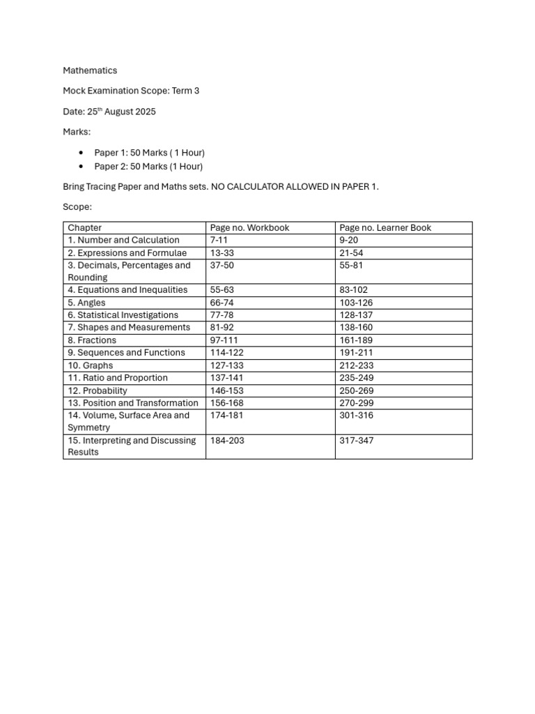 Mathematics Mock Examination Scope Term 3 | PDF