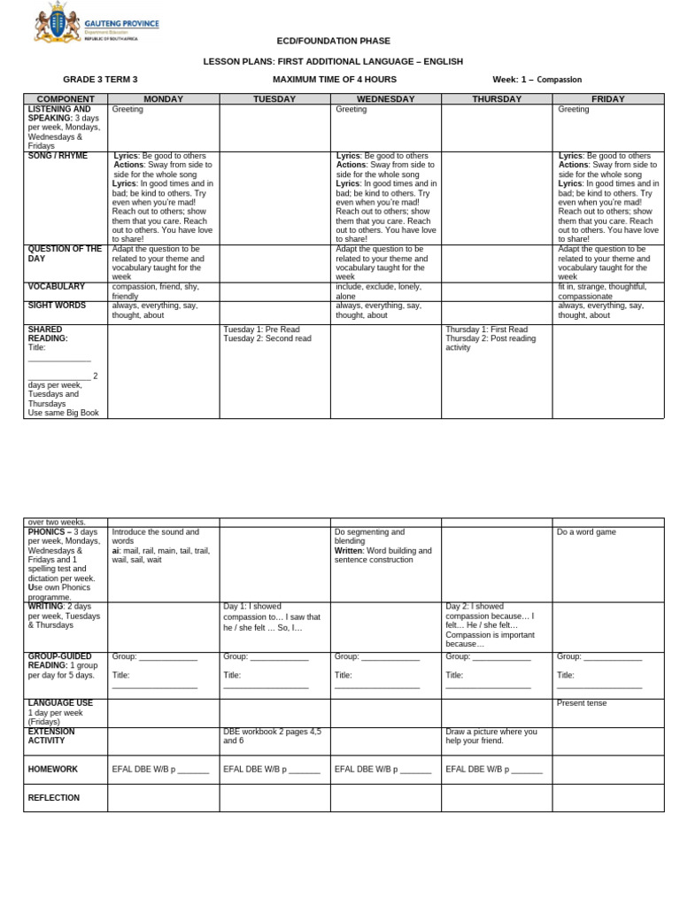 Lesson Plans EFAL Grade 3 Term 3 | PDF | Phonics | Noun