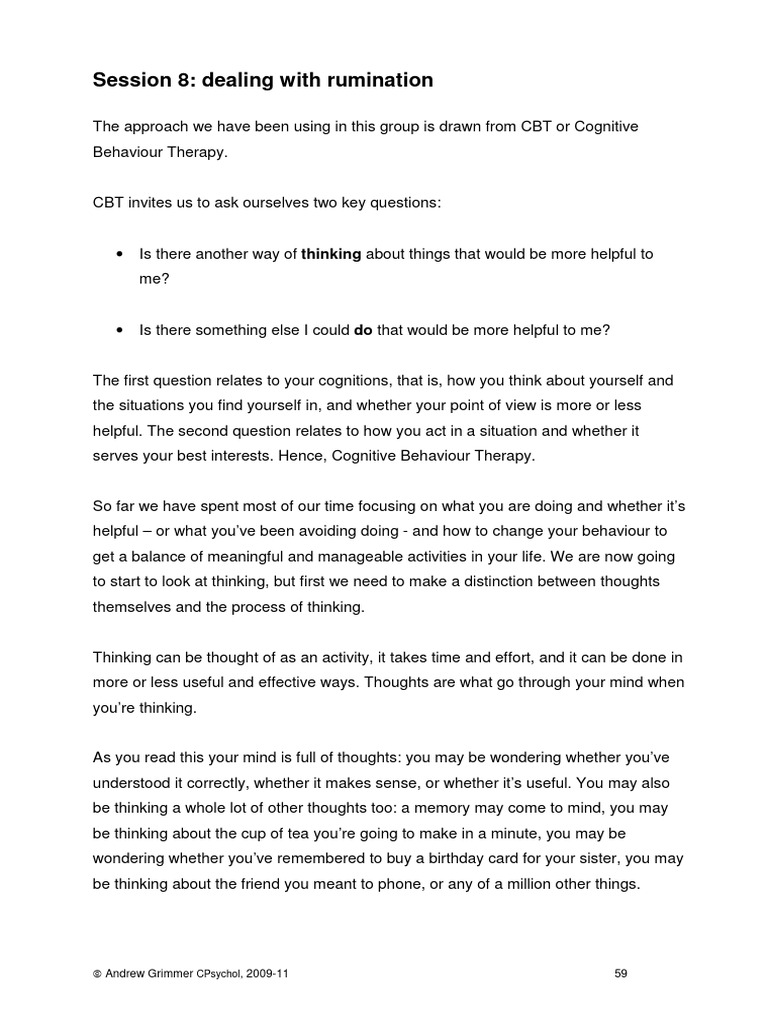 Overcoming Depression Workbook Chapter 8 | PDF | Thought | Cognitive ...