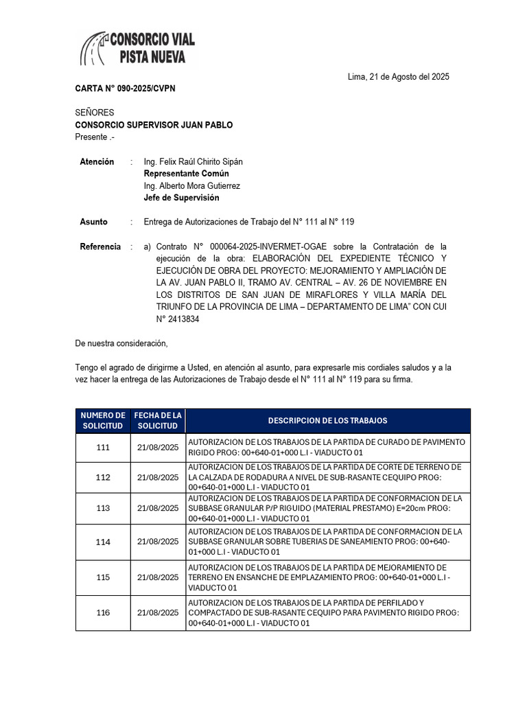 Carta #090-2025-CVPN Entrega de Autorizacion de Trabajo 111-119 | PDF ...