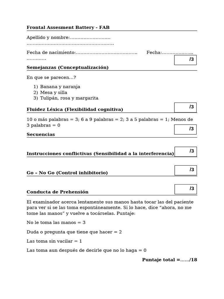 Test de Evaluación Frontal FAB PDF | PDF
