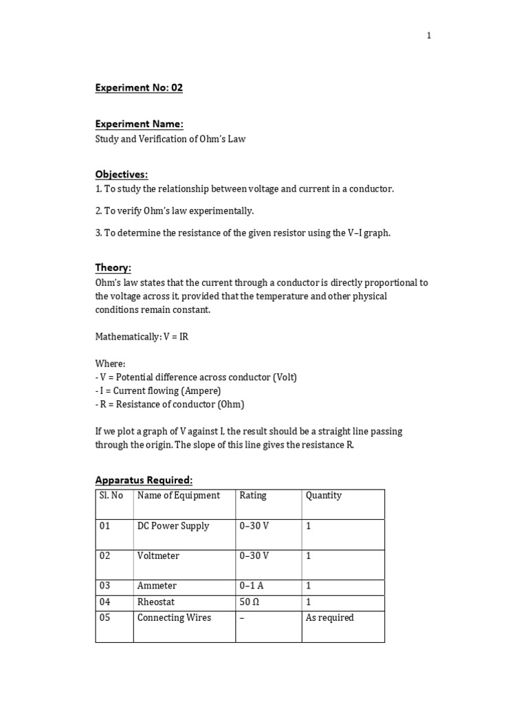 Verification of Ohm's Law Experiment | PDF | Voltage | Resistor