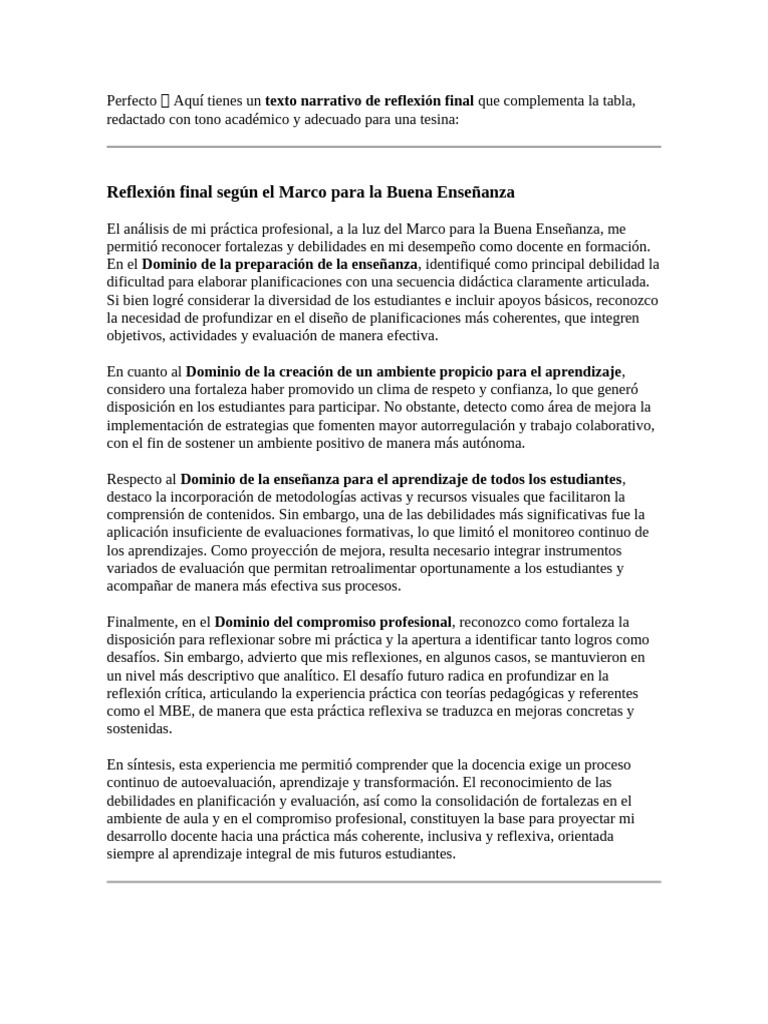 Reflexión sobre la Buena Enseñanza | PDF | Enseñando | Aprendizaje