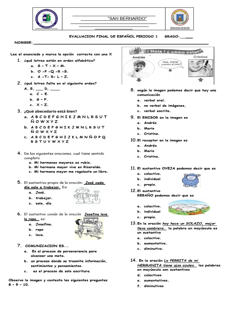 Evaluación Final de Español Grado ___ | PDF | Colación | Comunicación ...