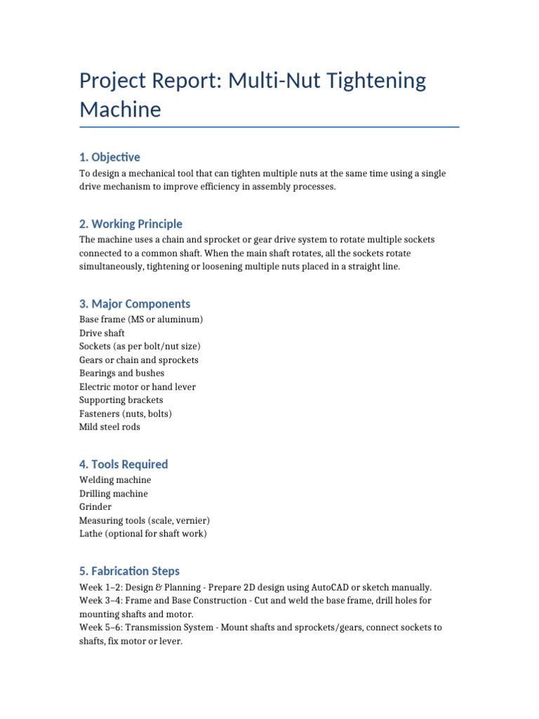 Multi Nut Tightening Machine Report | PDF