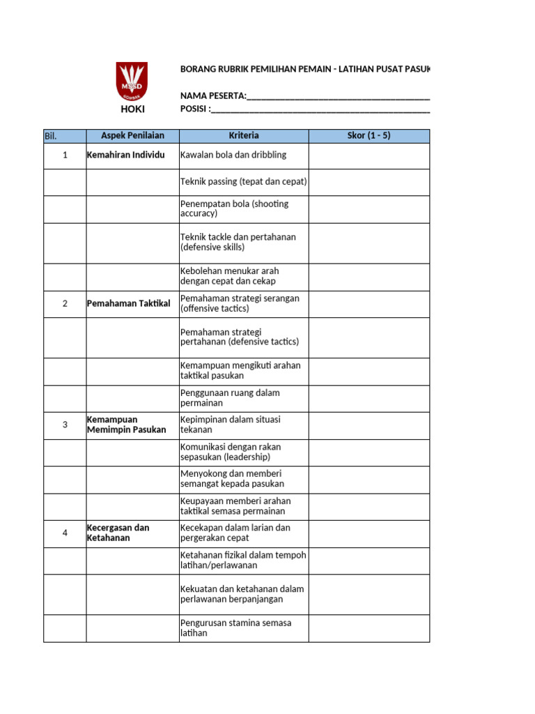 Borang Rubrik Pemilihan Pemain - Latihan Pusat Pasukan Hoki Mss Gombak | PDF