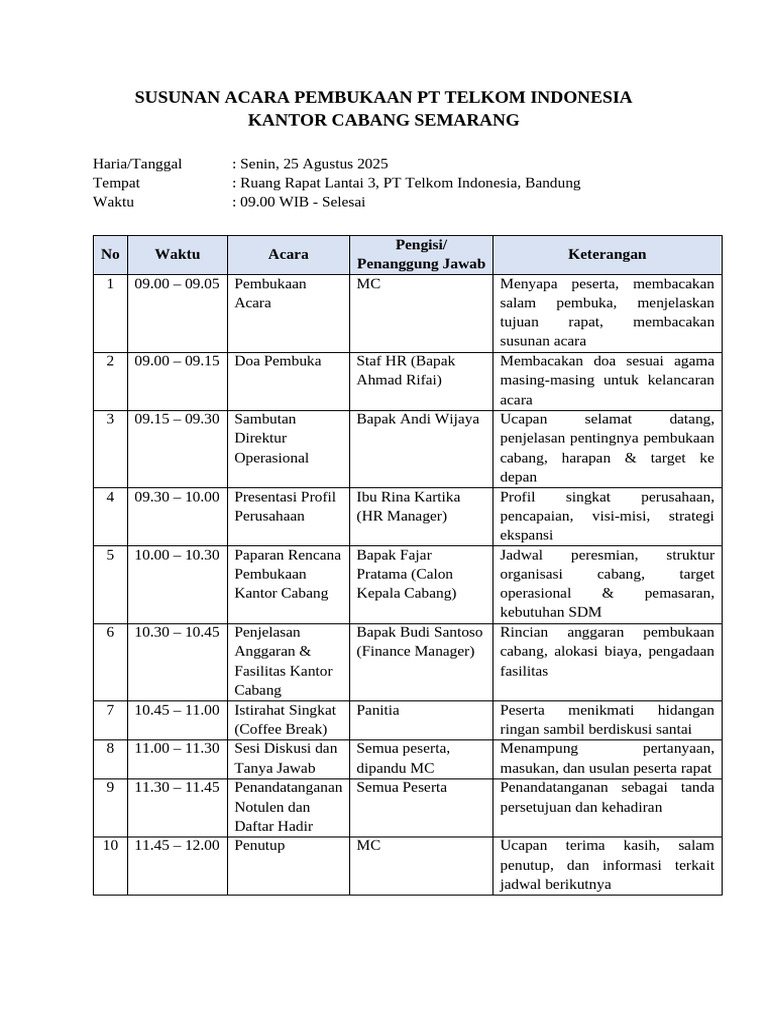Rundown Acara Pembukaan PT Telkom | PDF