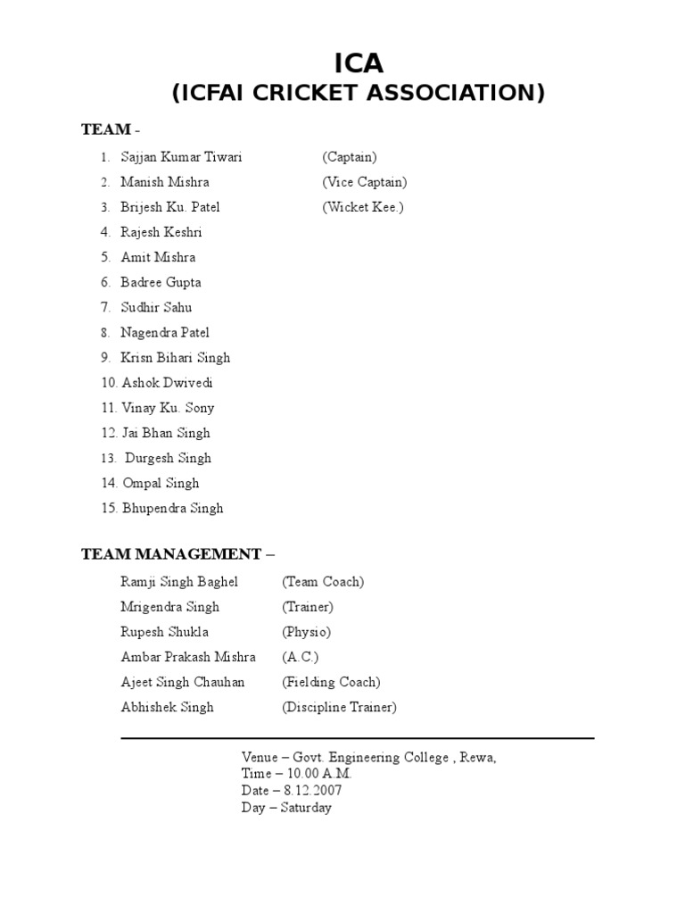 ICA Cricket Team Roster and Details | PDF