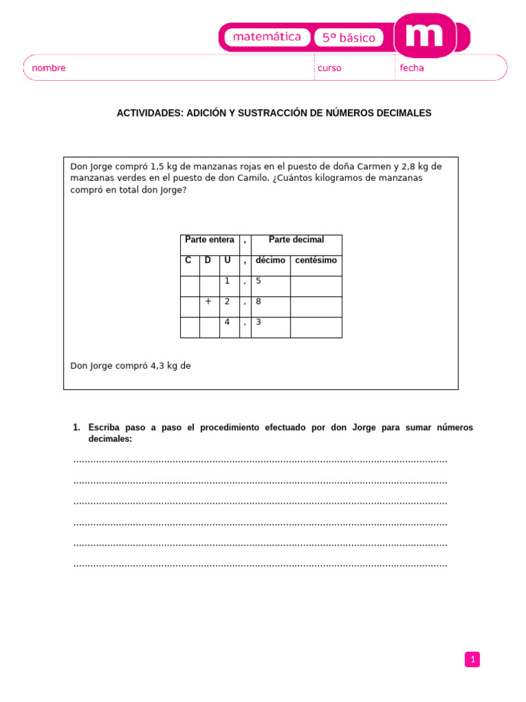 GUIA 5TO BÁSICO Decimales Refuerzo | PDF | Aritmética | Matemática ...