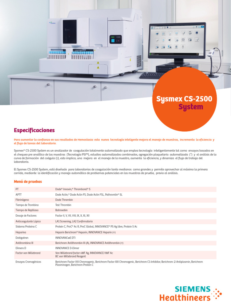 Data Sheet Sysmex cs-2500 Espanol | PDF | Coagulación | Sangre