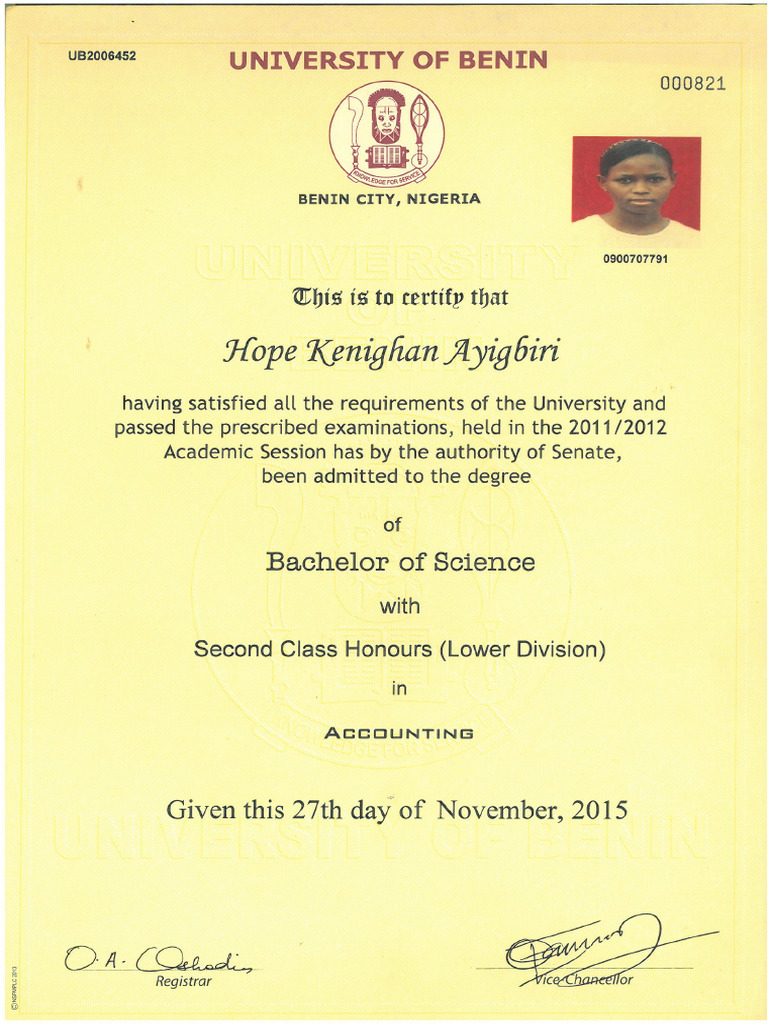 University of Benin Certificate | PDF