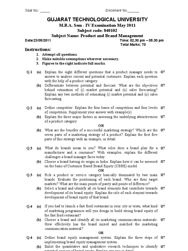 Product and Brand Management Exam 2011 | PDF | Brand | Strategic Management
