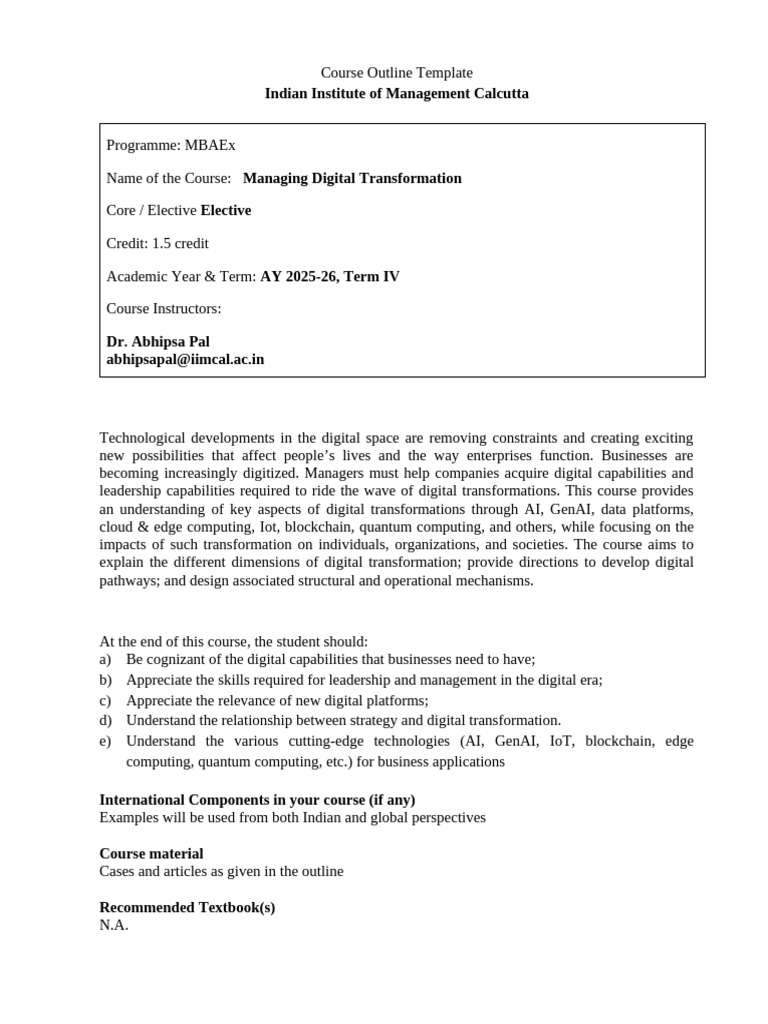 Managing Digital Transformation Course Outline | PDF | Quiz ...