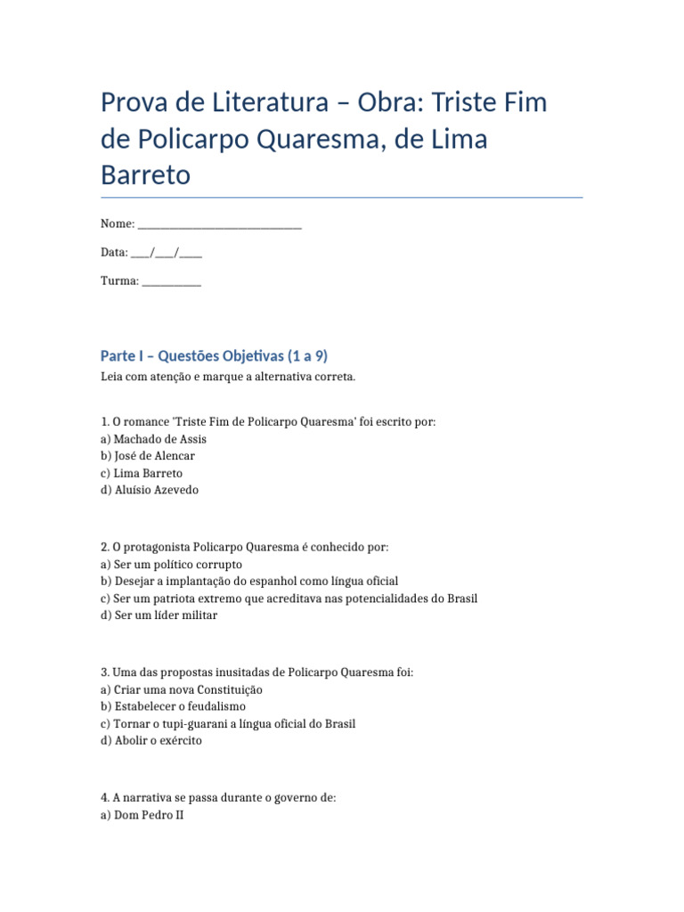 Questões sobre Triste Fim de Policarpo Quaresma | PDF | Brasil