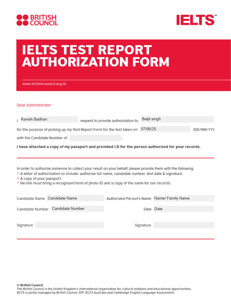IELTS Test Report Authorization Form | PDF