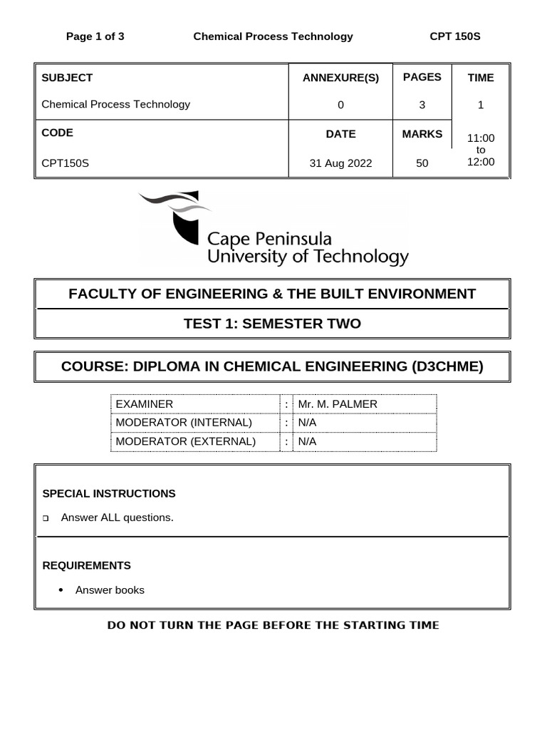 CPT 150S 2022 Test 1 Question Paper | PDF | Coal | Cracking (Chemistry)
