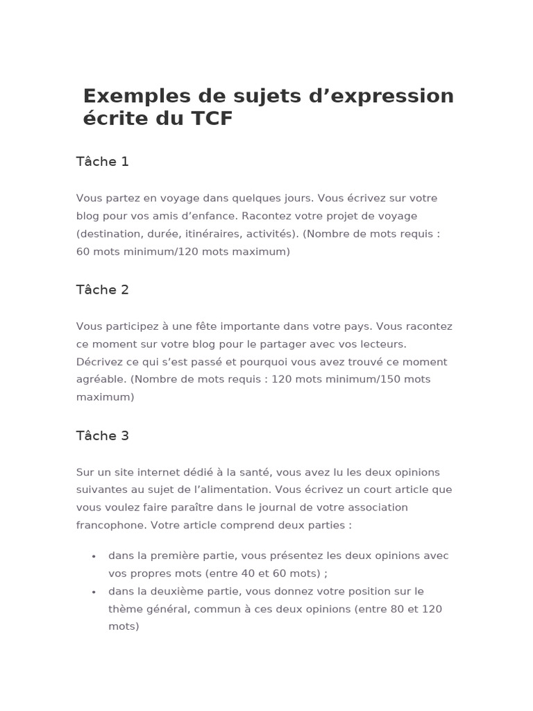Sujets d'expression écrite TCF | PDF