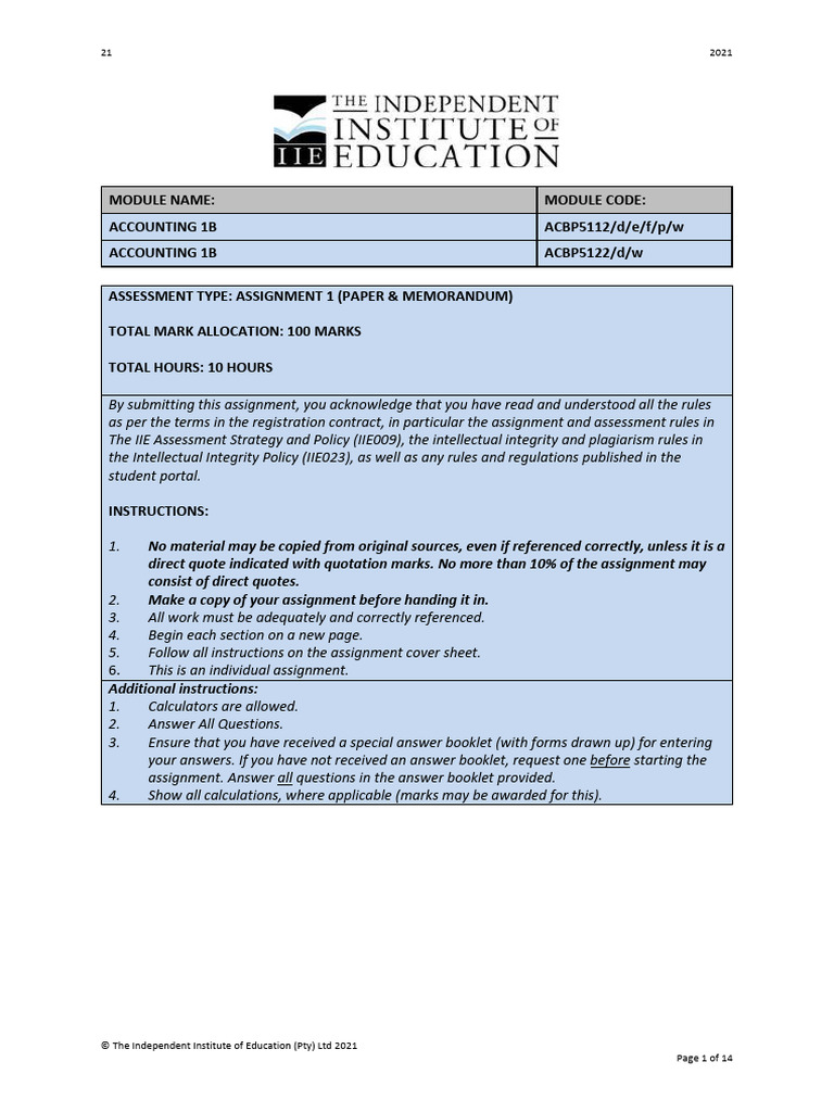 Accounting 1B Assignment Guidelines | PDF | Cheque | Banks