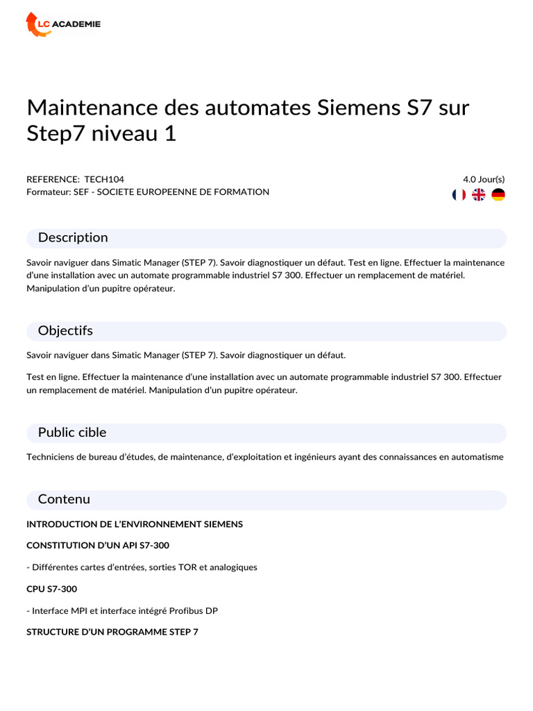 Tech104 Maintenance Des Automates Siemens S7 Sur Step7 Niveau 1 Pdf