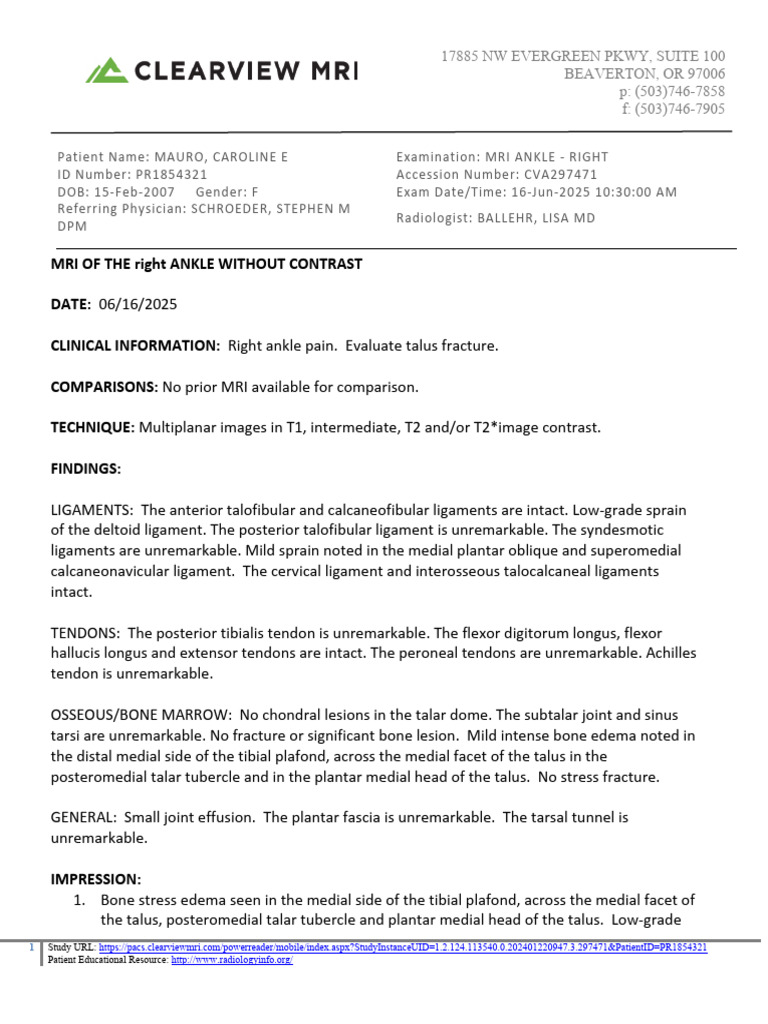 MRI Report: Right Ankle Examination | PDF | Ankle | Musculoskeletal System