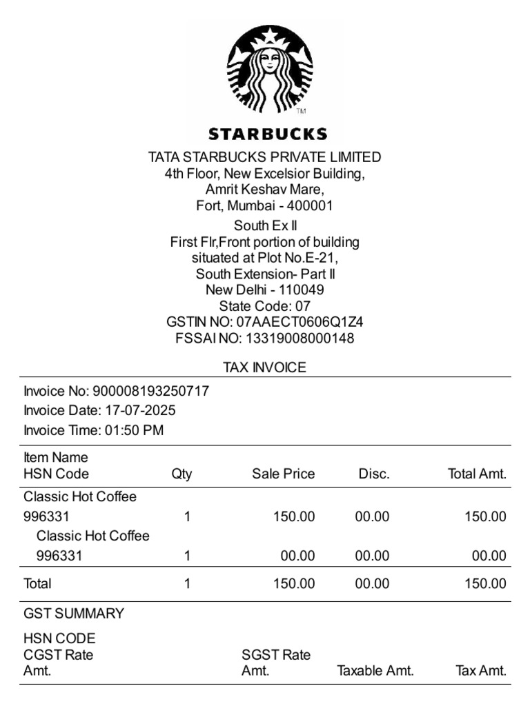 TATA Starbucks Invoice Summary 2025 | PDF