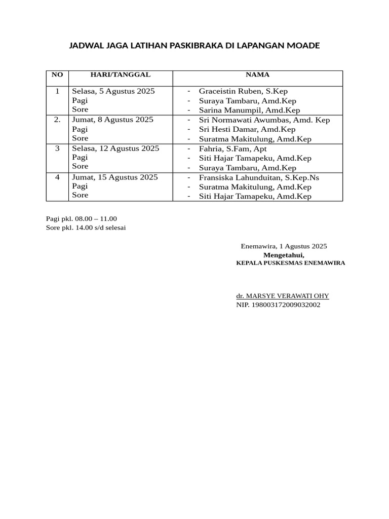 Jadwal Jaga Latihan Paskibraka Di Lapangan Moade | PDF