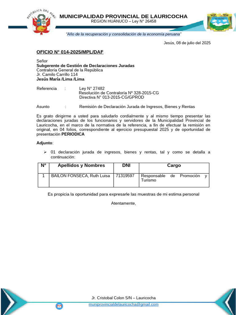 Oficio #014-Remision de DJ | PDF