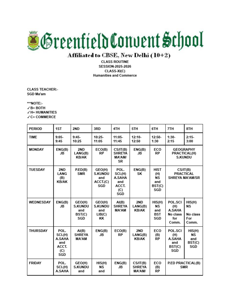 Class Routine Xi C Humanities and Commerce 2025-26 | PDF